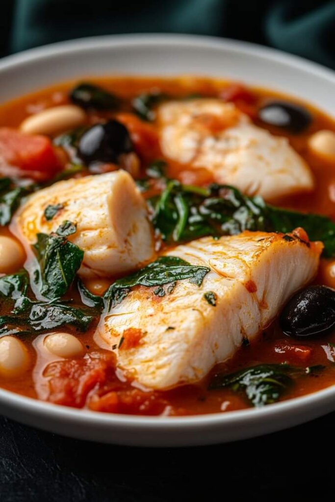 Mediterranean Fish Soup With White Beans, Tomato, And Spinach