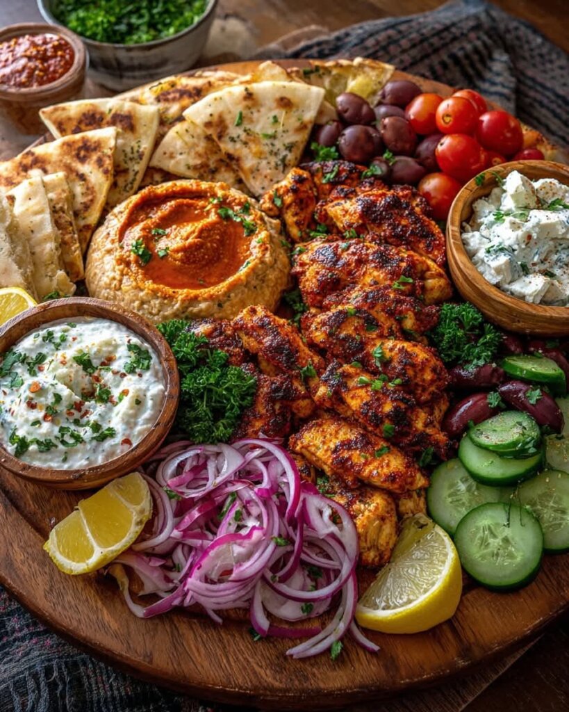 Mediterranean Greek Chicken Mezze Platter With Harissa Sauce